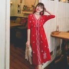 Leonnah - Elbow-Sleeve Pattern Midi Dress | YesStyle