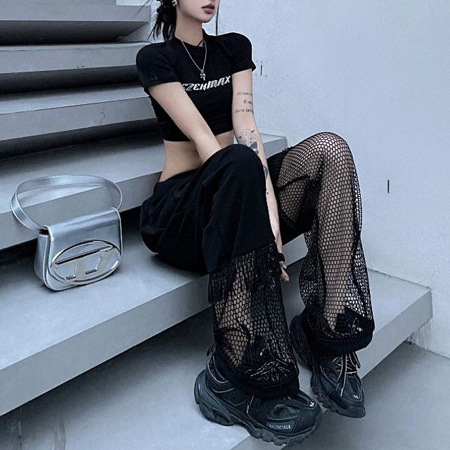 RONIN - Low Rise Mesh Panel Plain Perforated Wide Leg Pants | YesStyle