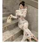 NENE - Long-Sleeve Fluffy Trim High Neck Floral Print Midi Qipao | YesStyle