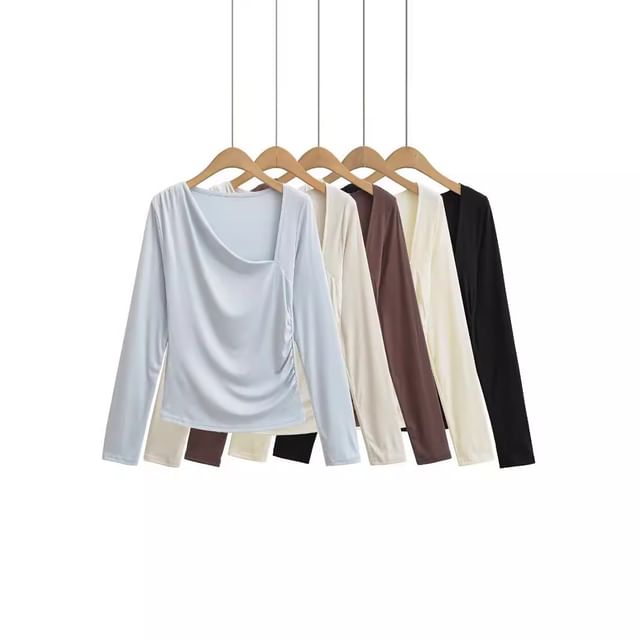 Flotto - Long-Sleeve Asymmetrical Neck Plain Ruched Slim Fit Tee | YesStyle