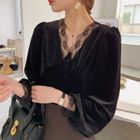 Happo - Lace Trim Balloon-Sleeve Velvet Blouse | YesStyle