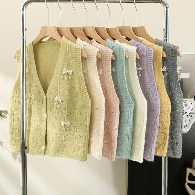Lemongrass - Bow-Accent Button-Up Knit Vest in 10 Colors | YesStyle