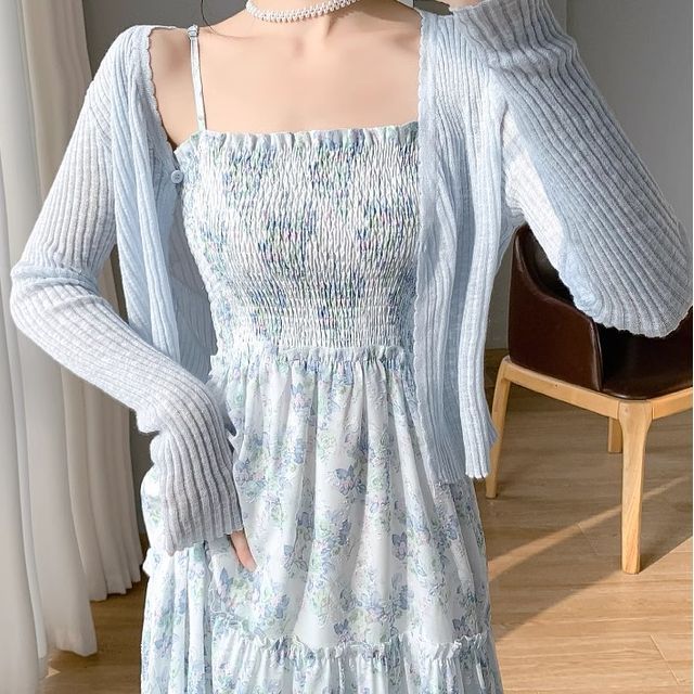 Maisee - Plain Cardigan / Spaghetti Strap Floral Print Midi A-Line ...