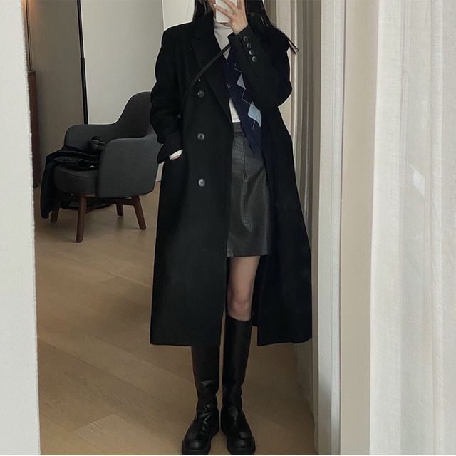 Ariadne - Double Breasted Plain Long Coat | YesStyle