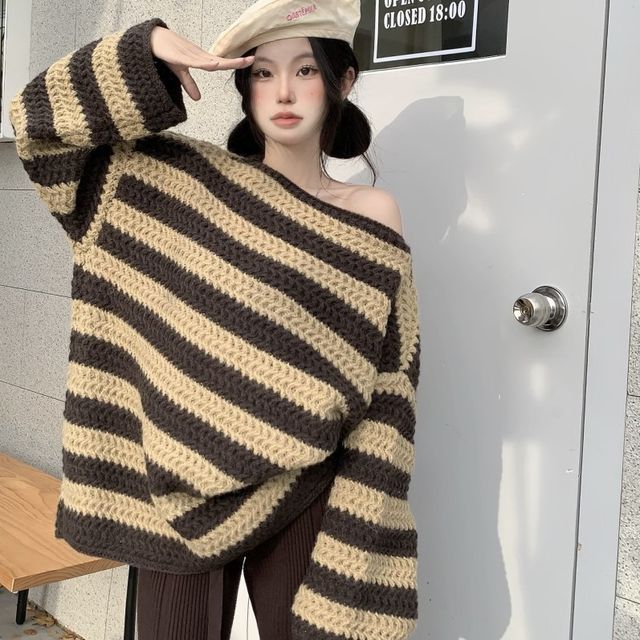 Windflower - One Shoulder Striped Loose-Fit Sweater / Drawstring Waist ...