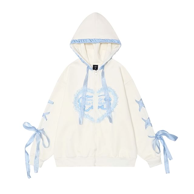Sancus - Lettering Embroidered Bow Accent Frill Trim Zip-Up Hoodie ...