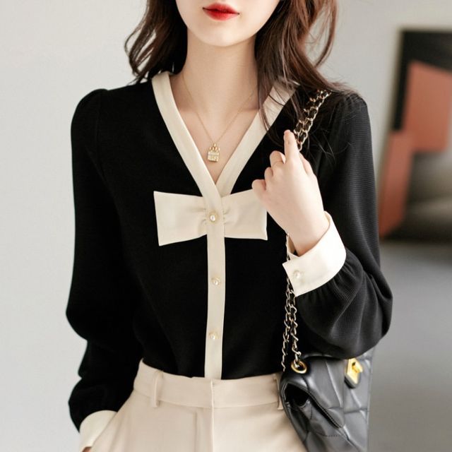 Jeonseon - V-Neck Bow Two Tone Blouse | YesStyle