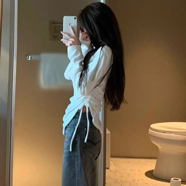 Mushini - Long-Sleeve Crew Neck Plain Drawstring Slit Tee | YesStyle