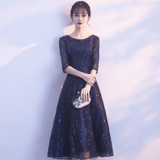Wonhi - Lace Panel 3/4-Sleeve A-line Party Dress / Evening Gown | YesStyle