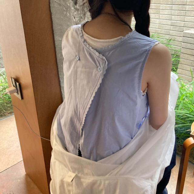 Glotto - Crew Neck Plain Lace Trim Pintuck Slit Back Crop Tank Top ...