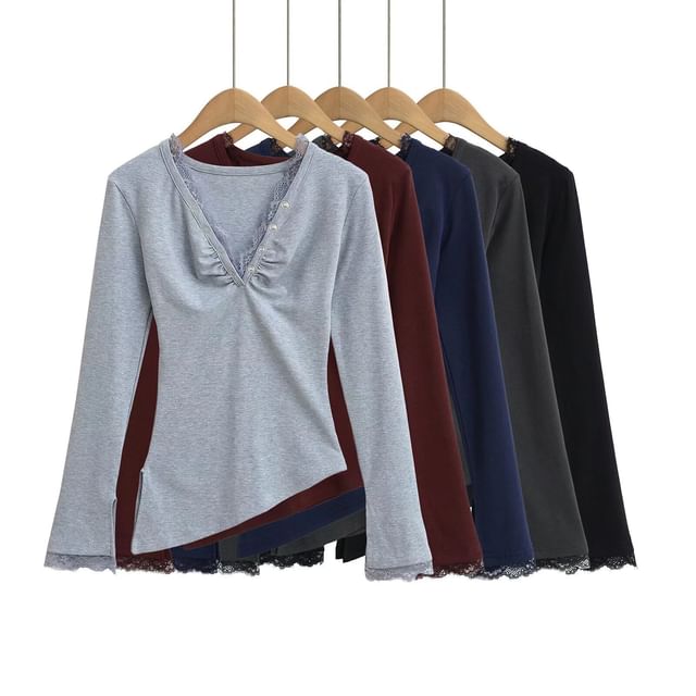 Flotto - Long-Sleeve V-Neck Plain Asymmetrical Lace Trim Ruched Tee ...