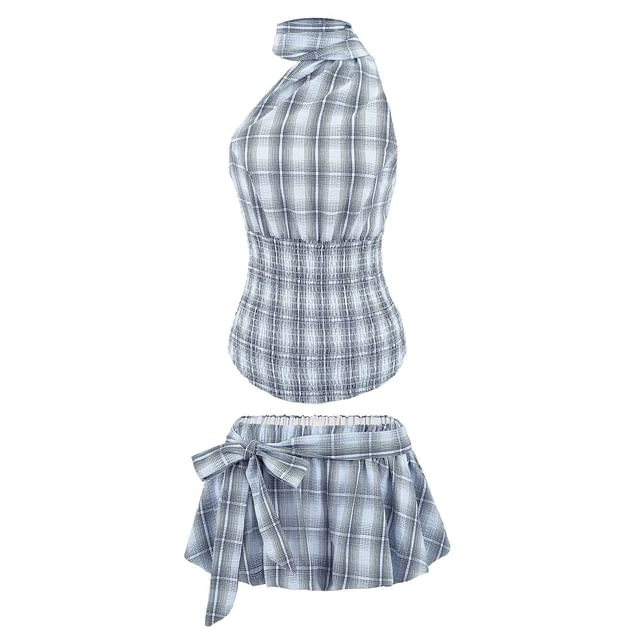 Susaine - Halter Plaid Shirred Top / Elastic Waist Tie-Up Mini A-Line ...