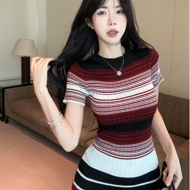 Whoosh - Short Sleeve Round Neck Striped Knit Mini Bodycon Dress | YesStyle