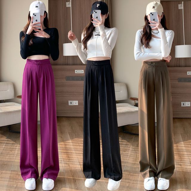 Magimomo - High Rise Plain Wide Leg Slacks (Various Designs) | YesStyle