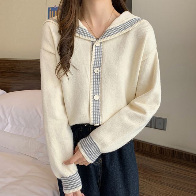 Baymela - Peter Pan-Collar Long-Sleeve Striped Knit Cardigan | YesStyle