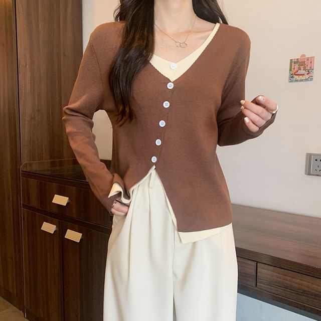 Sienne - Long Sleeve V-Neck Mock Two Piece Asymmetrical Button Knit Top ...