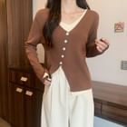 Sienne - Long Sleeve V-Neck Mock Two Piece Asymmetrical Button Knit Top ...
