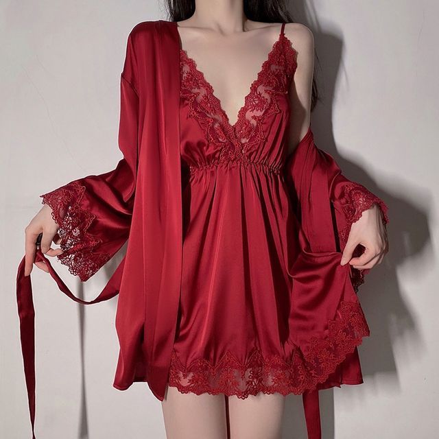 Anuuf - Lace Trim Pajama Robe with Sash | YesStyle