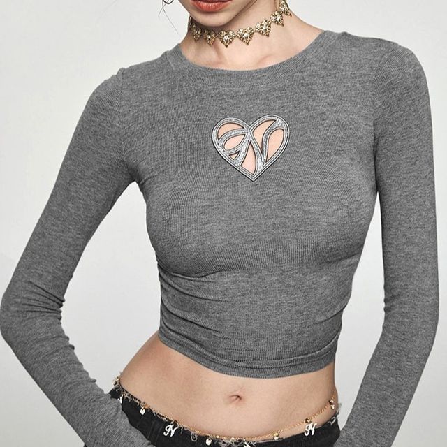 Rosesand - Long Sleeve Heart Cut-Out Plain Slim-Fit Crop Top | YesStyle