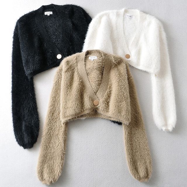 Sundine - V-Neck Plain Fluffy Crop One-Buttoned Cardigan | YesStyle