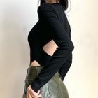 GAGAO - Long-Sleeve Crew Neck Plain Cutout Bodysuit Top | YesStyle