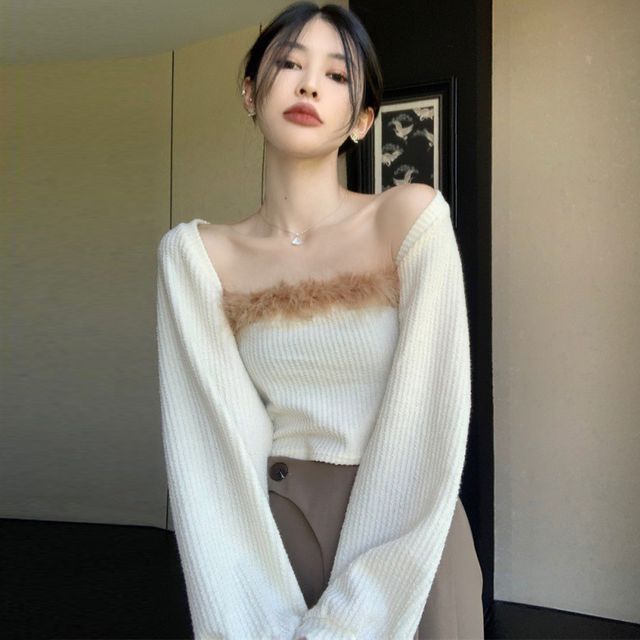 Ashlee - Set: Fluffy Trim Cropped Tube Top + Long-Sleeve Shrug | YesStyle