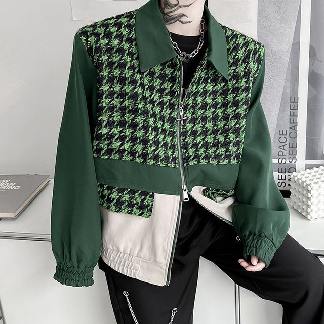 Patow - Collared Houndstooth Mock Two Piece Zip Jacket | YesStyle