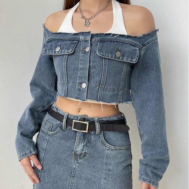 Sosana - Long Sleeve Off-Shoulder Crop Denim Jacket | YesStyle