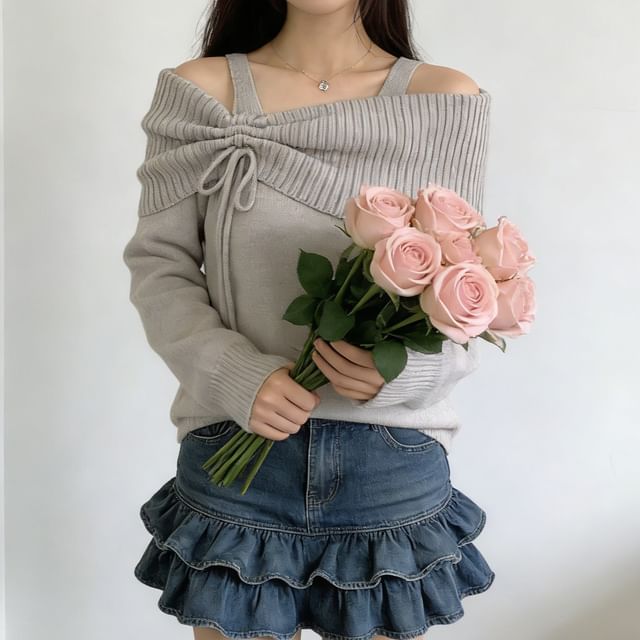PINPI - Cold Shoulder Plain Drawstring Waist Sweater | YesStyle