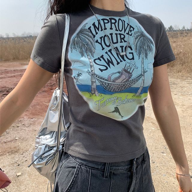 Sosana - Short Sleeve Graphic & Lettering Print Slim-Fit T-Shirt | YesStyle