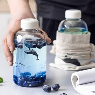 MIMO - Set: Whale Print Glass Water Bottle + Drawstring Pouch | YesStyle