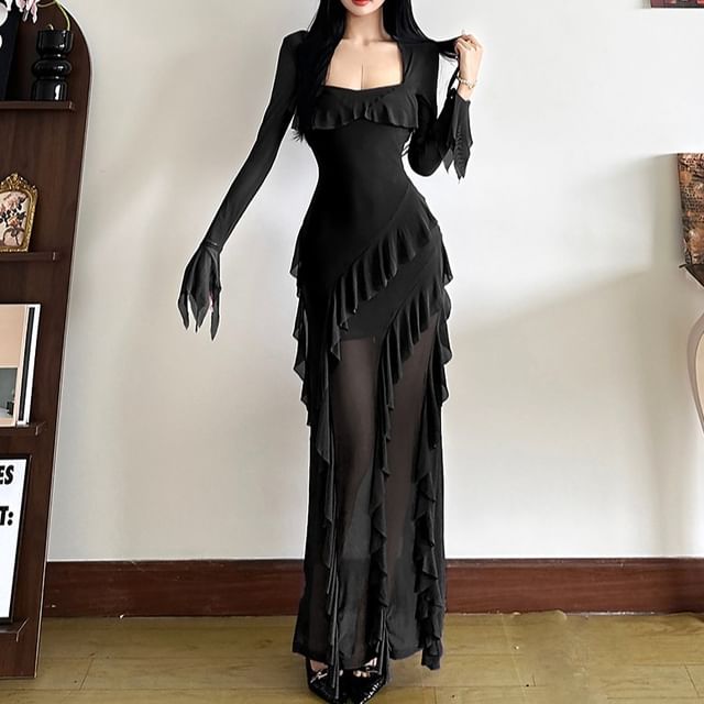 Sosana - Long Sleeve Square-Neck Plain Ruffled-Trim Mesh Maxi Bodycon ...