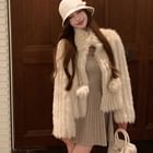 Strawolf - Plain Fluffy Bobble Cardigan / Long-Sleeve Square-Neck Plain ...