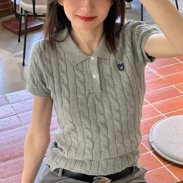 Mushini - Short-Sleeve Cable Knit Polo Shirt | YesStyle