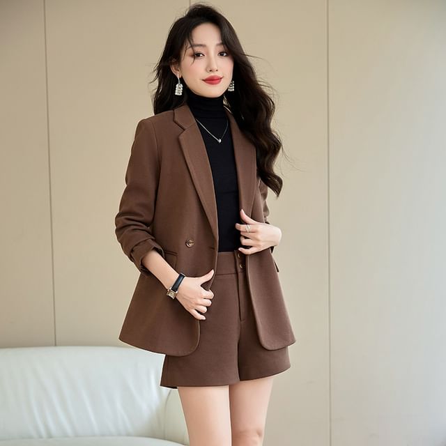 Princess Min - Plain Double-Breasted Blazer / Mid Rise Dress Shorts ...