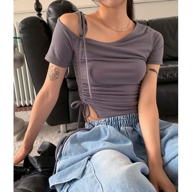 SeoulPop - Short-Sleeve Cold-Shoulder Drawstring Plain Crop Top | YesStyle