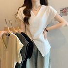 Moon City - Short-Sleeve V-Neck Asymmetrical Plain Top | YesStyle
