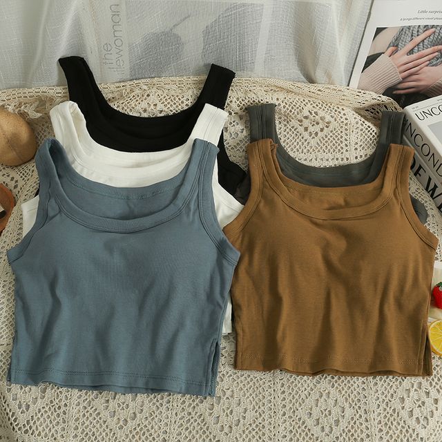 Lemongrass - Side-Slit Crop Tank Top with Pads in 5 Colors | YesStyle