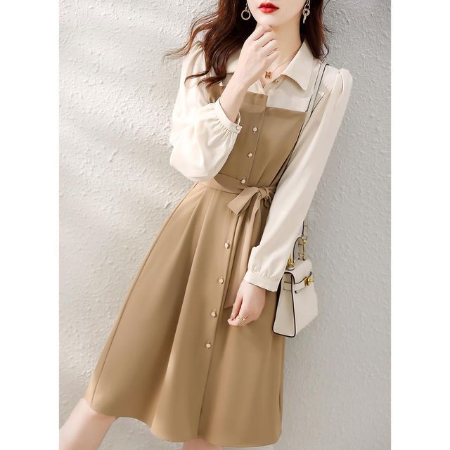 Jeonseon - Mock Two-Piece Long-Sleeve Two-Tone Midi Dress | YesStyle