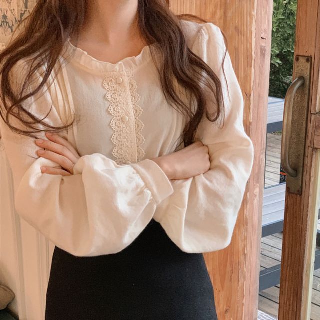 Yunhouse - Long-Sleeve Lace Trim Blouse | YesStyle