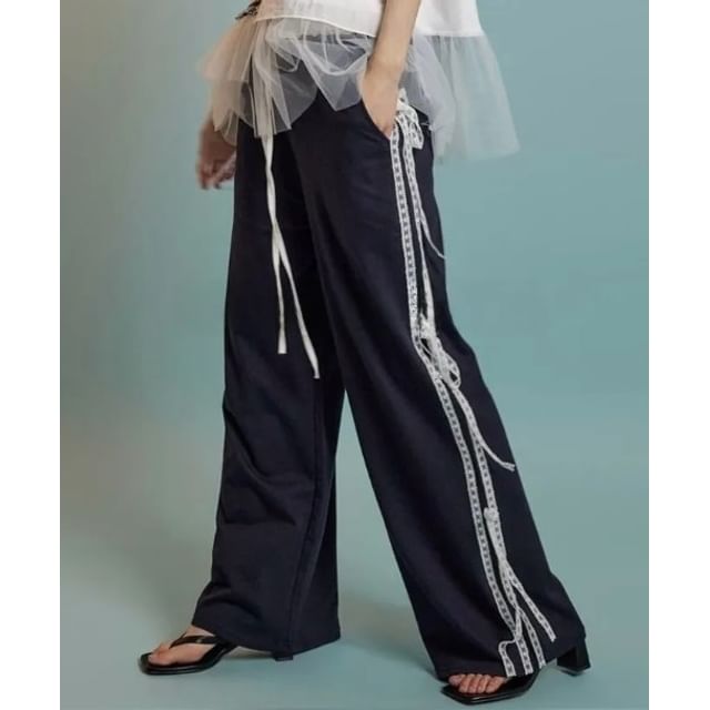 Seoulchic - High Waist Lace Panel Bow Accent Loose-Fit Wide-Leg ...