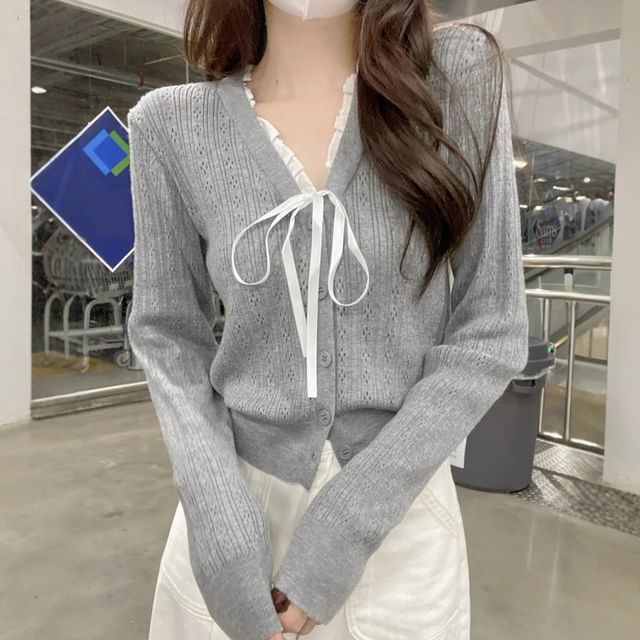 PERKARP - Long-Sleeve V-Neck Ribbon Frill Trim Button Pointelle Knit ...