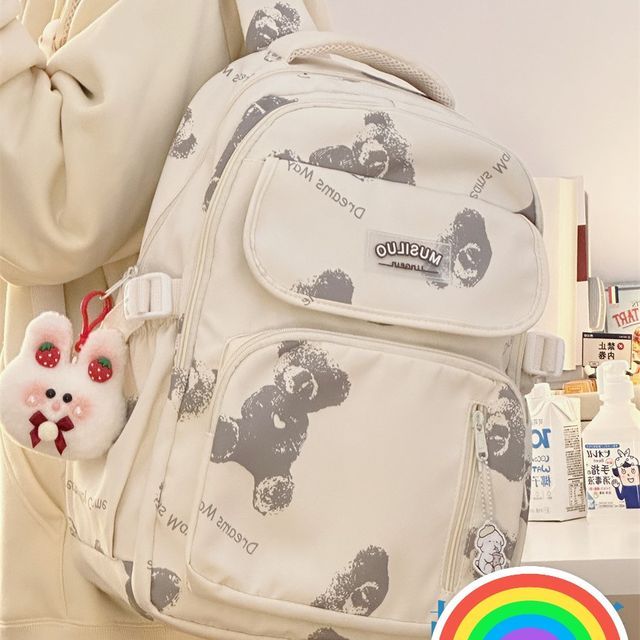 Anchara - Bear Print Label Applique Flap Backpack | YesStyle