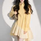 Jeonseon - Long-Sleeve Two Tone Panel Asymmetrical A-Line Shirt Dress ...