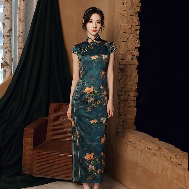 TEALI - Cap-Sleeve Floral Slit Maxi Qipao | YesStyle