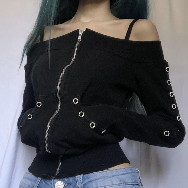 Genrovia - Off-Shoulder Plain Zip Jacket | YesStyle