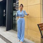 LIPHOP - Set: Elbow-Sleeve Crop Blazer + Wide-Leg Pants | YesStyle
