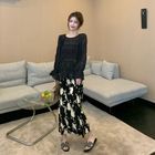 ANORA - Puff-Sleeve Plain Blouse / High Waist Floral Print Midi A-Line ...