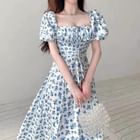 Shalala - Puff-Sleeve Square Neck Floral Print Ruched Tie Front Slit ...