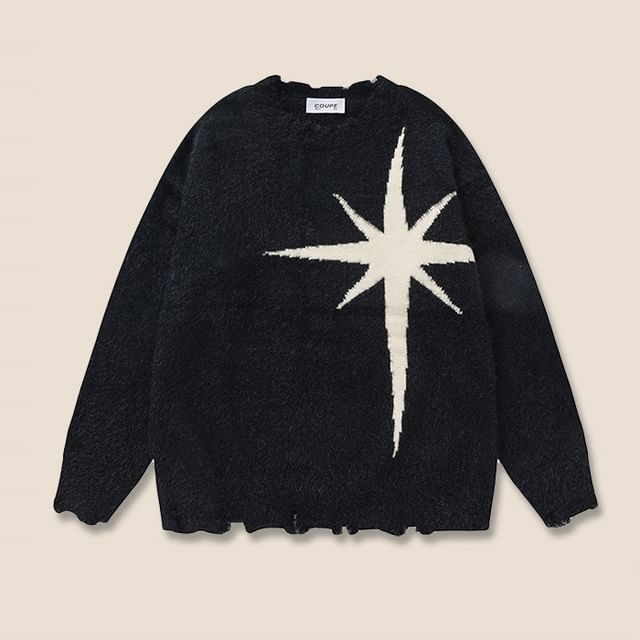 Saccharine - Crewneck Star Jacquard Sweater | YesStyle